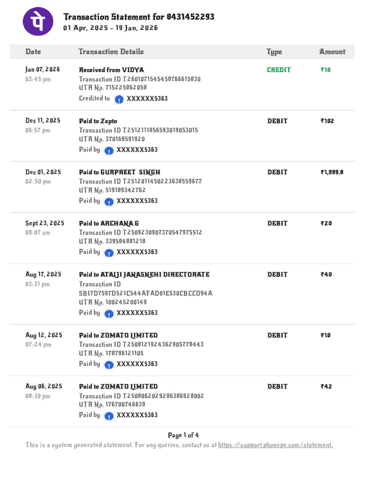 PhonePe Statement Apr2025 Jan2026 | PDF | Debit Card | Corporate Jargon