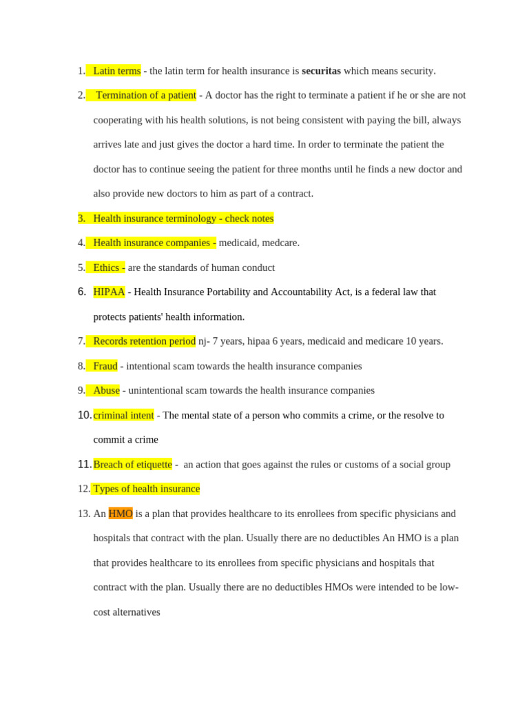 Health Insurance Terms and Ethics Guide | PDF | Health Insurance In The ...