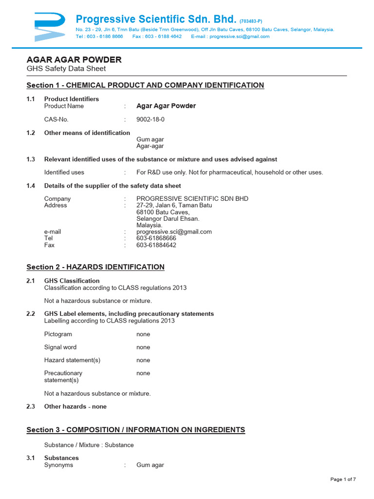 Agar Agar Powder Safety Data Sheet | PDF | Dangerous Goods | Toxicity