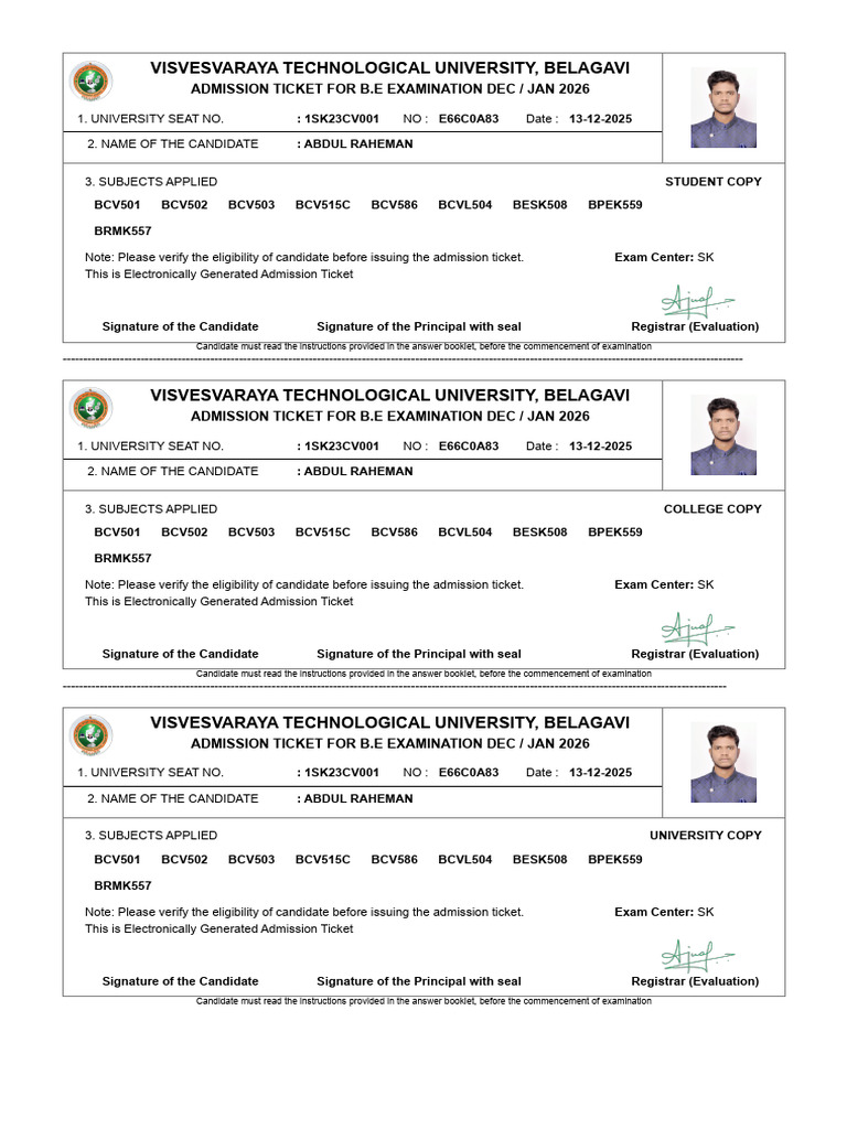 B.E Examination Admission Ticket 2026 | PDF | Survey Methodology ...
