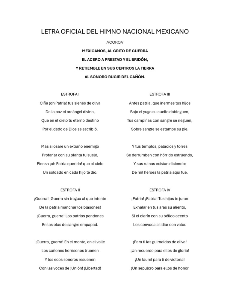 Letra del Himno Nacional Mexicano | PDF
