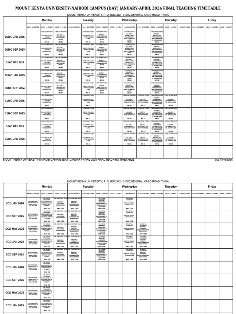 Day January-April 2026 Final Teaching Timetable-1 | PDF | Reading ...