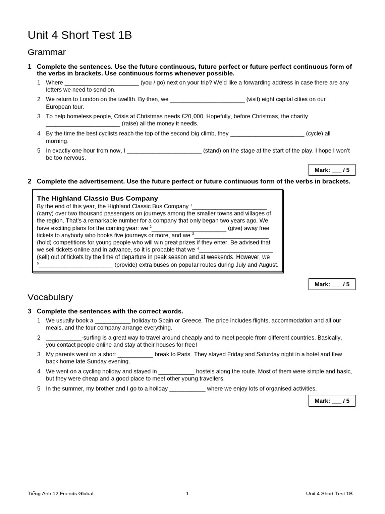 Tiếng Anh 12 Friends Global_Unit 4_short_test_1b | PDF | Linguistics