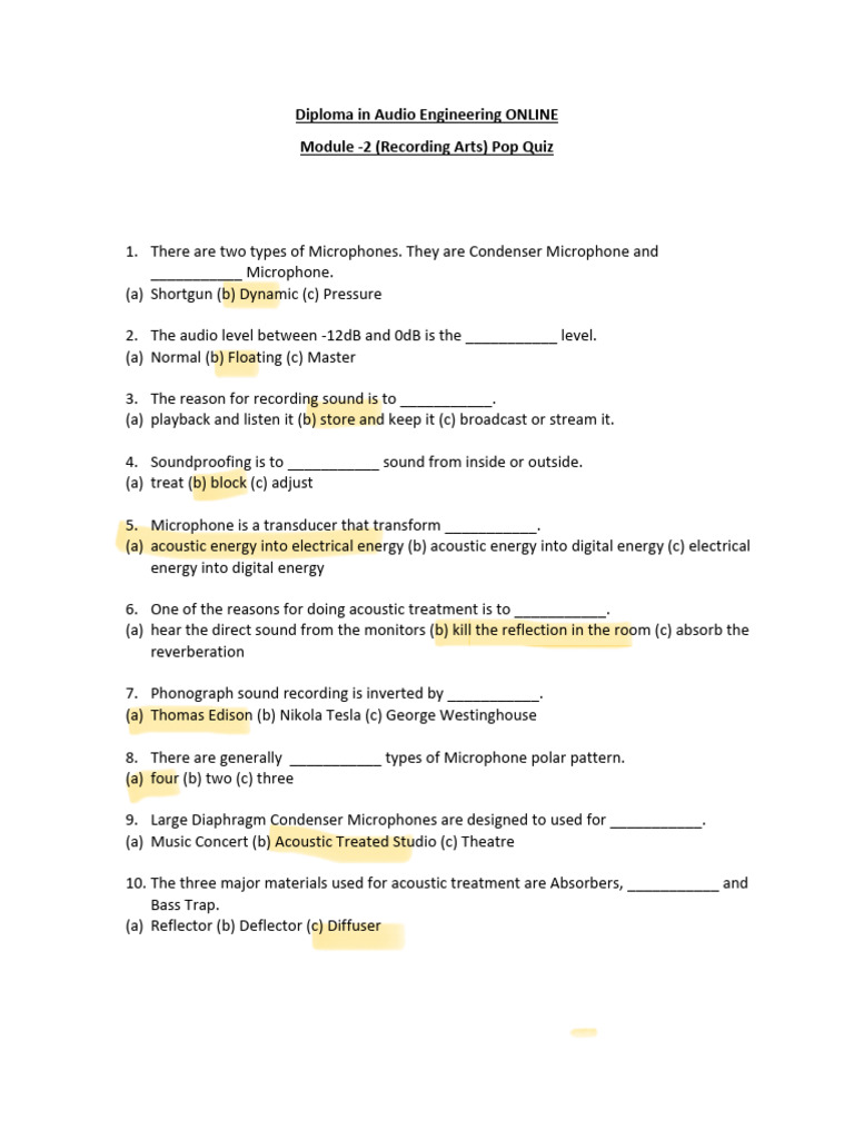 Audio Engineering Quiz: Recording Arts | PDF | Microphone | Sound ...