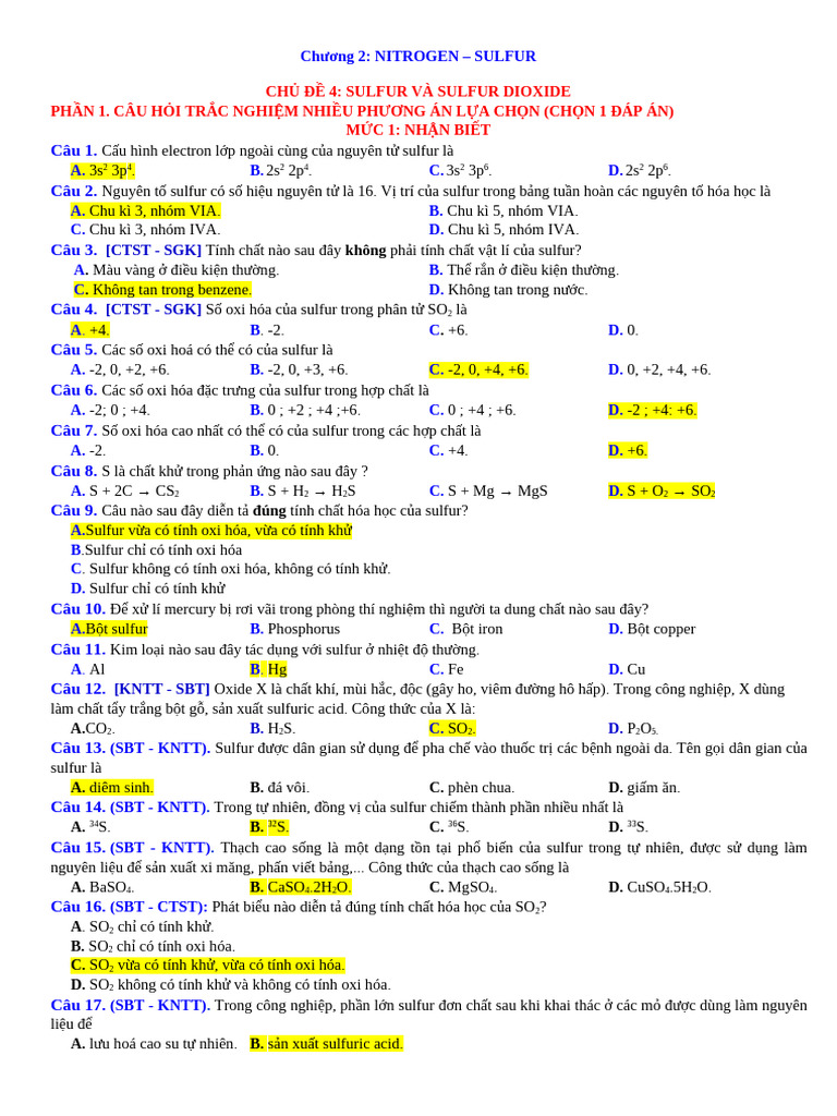 Đề- sulfur- sulfurdioxide- sulfuric acid- muối sulfate | PDF