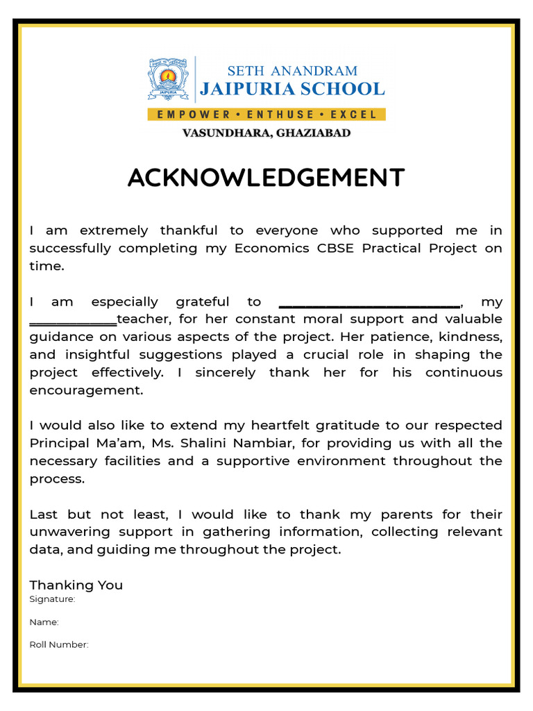 Acknowledgement for Economics Project | PDF