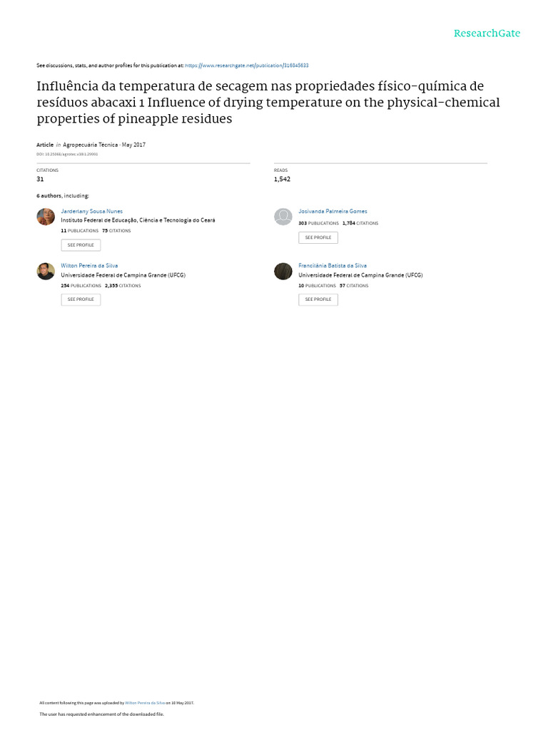 Influência da temperatura de secagem nas propriedades físico-química de ...