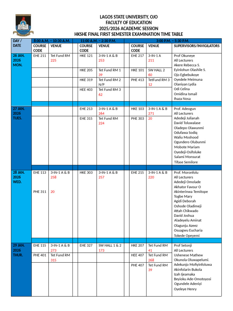 Hkshe 2025-2026 First Semester Exam Time Table | PDF