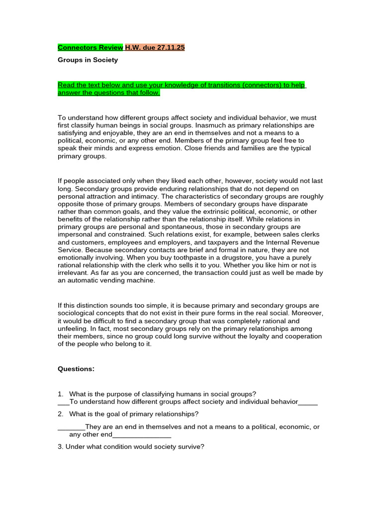Connectors Review H.W Due 27.11.25 (1) | PDF | Behavioural Sciences ...