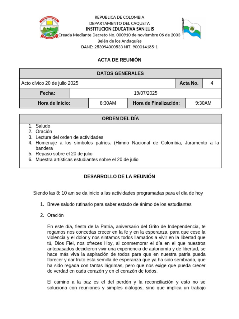 ACTA # 4 Acto cívico 20 de julio 2025 | PDF