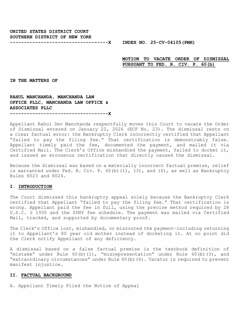 Motion to Vacate Order of Dismissal Pursuant to Fed. R. Civ. P. 60(b ...
