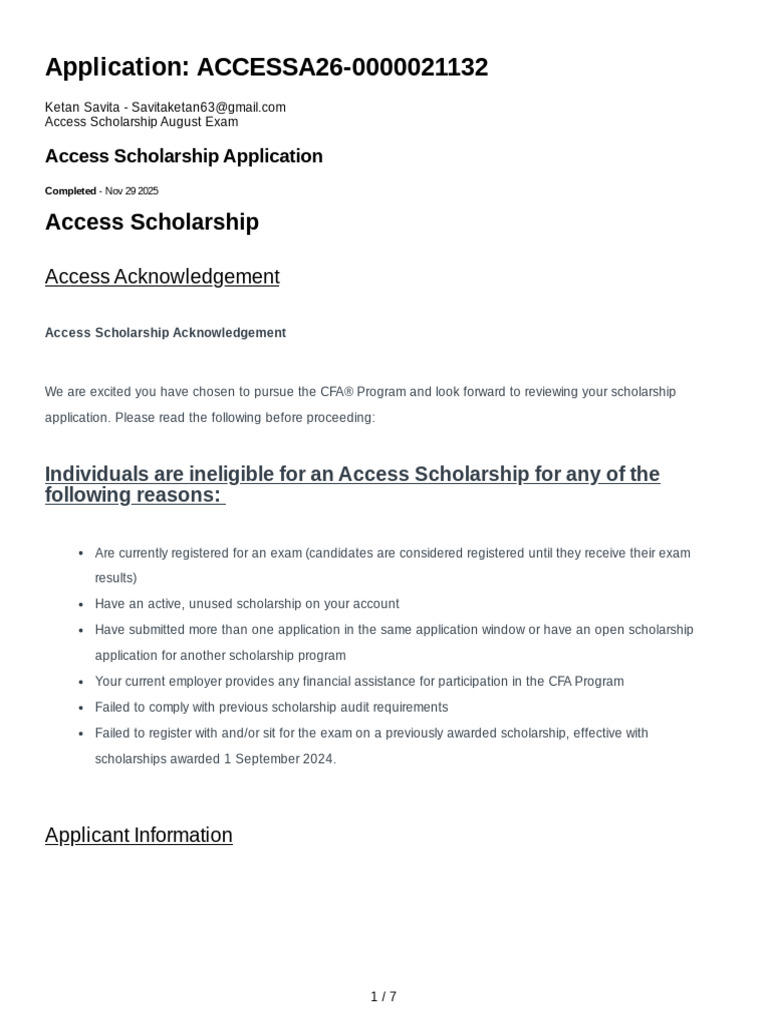 Access Scholarship Application for CFA Program | PDF | Income ...