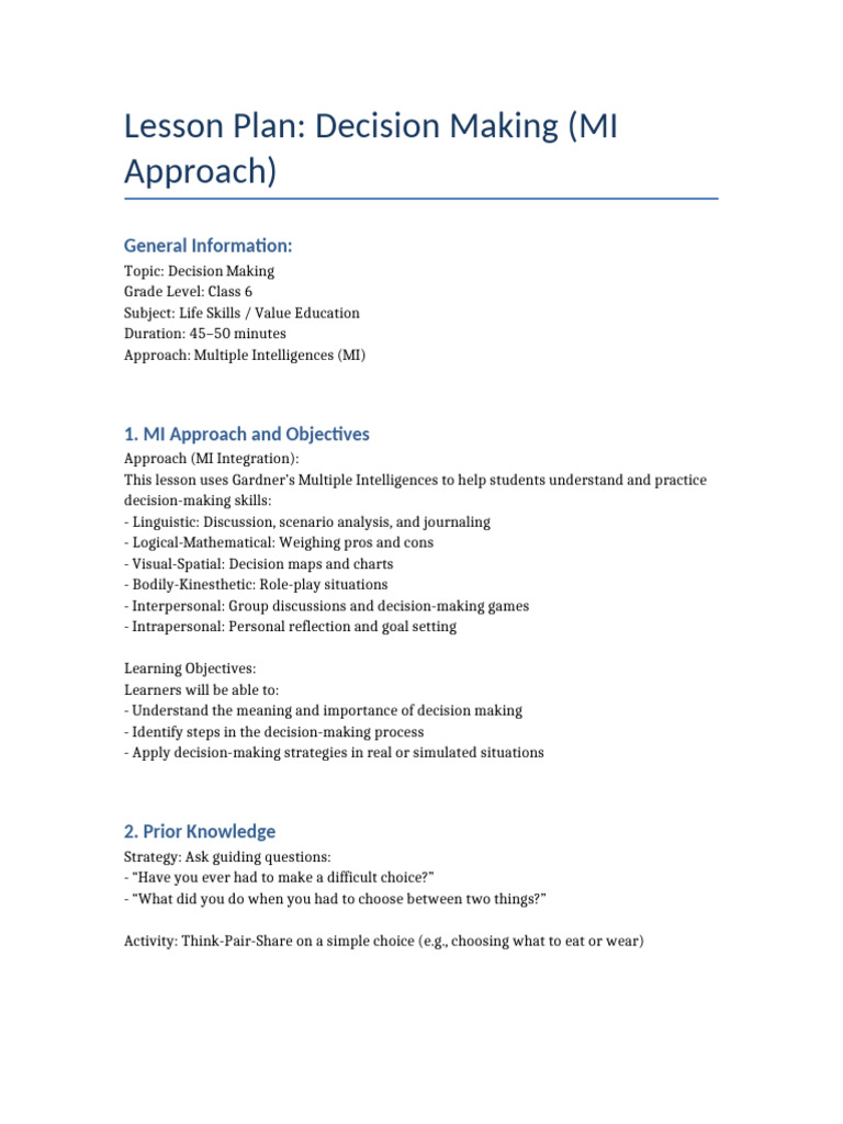 Decision_Making_Class6_Lesson_Plan_MI_Format | PDF | Decision Making ...