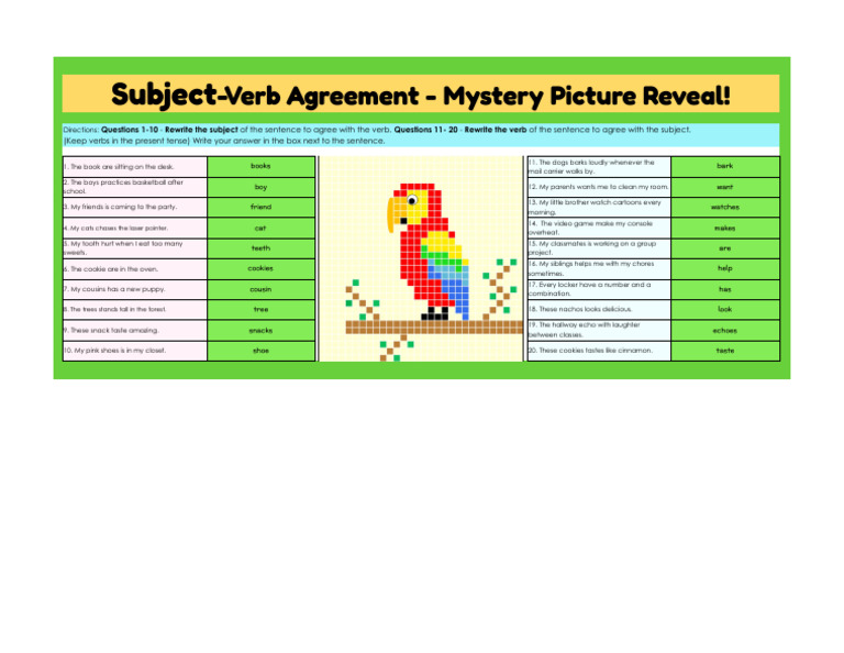 Copy of Subject-Verb Agreement Mystery Picture - Questions | PDF