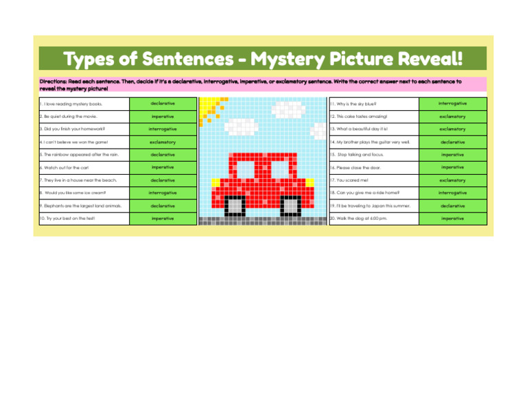 Copy of Types of Sentences Mystery Picture - Questions | PDF