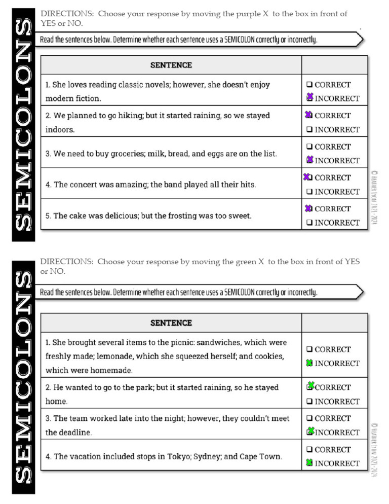 Punctuation - Semicolon Exit Slip | PDF
