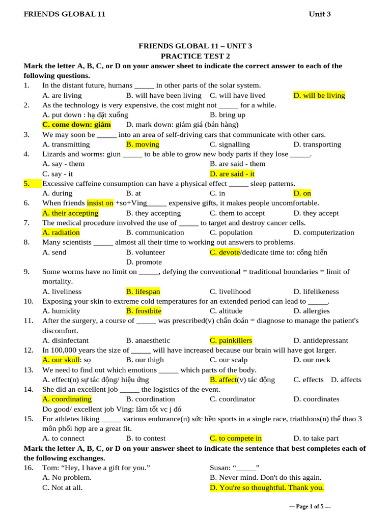 Friends Global 11 Unit 3 Practice Test | PDF | Physical Fitness | Dieting