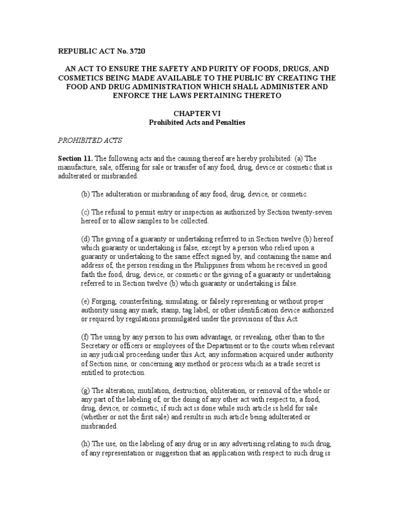 Republic Act No 3720 | PDF | Food And Drug Administration | Social ...