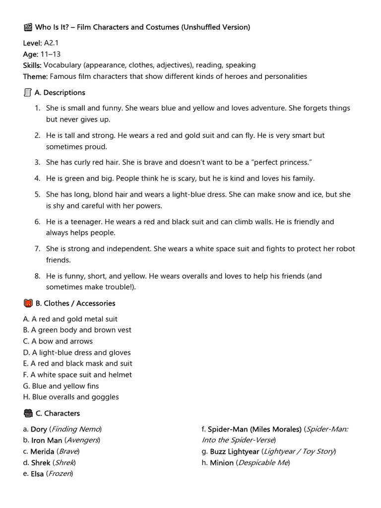 Film Characters and Costumes A2.1 | PDF
