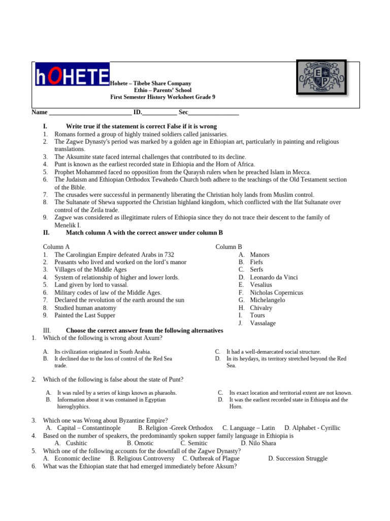 Grade 9 History Worksheet: Ethiopia & Beyond | PDF | Ethiopia | Horn Of ...