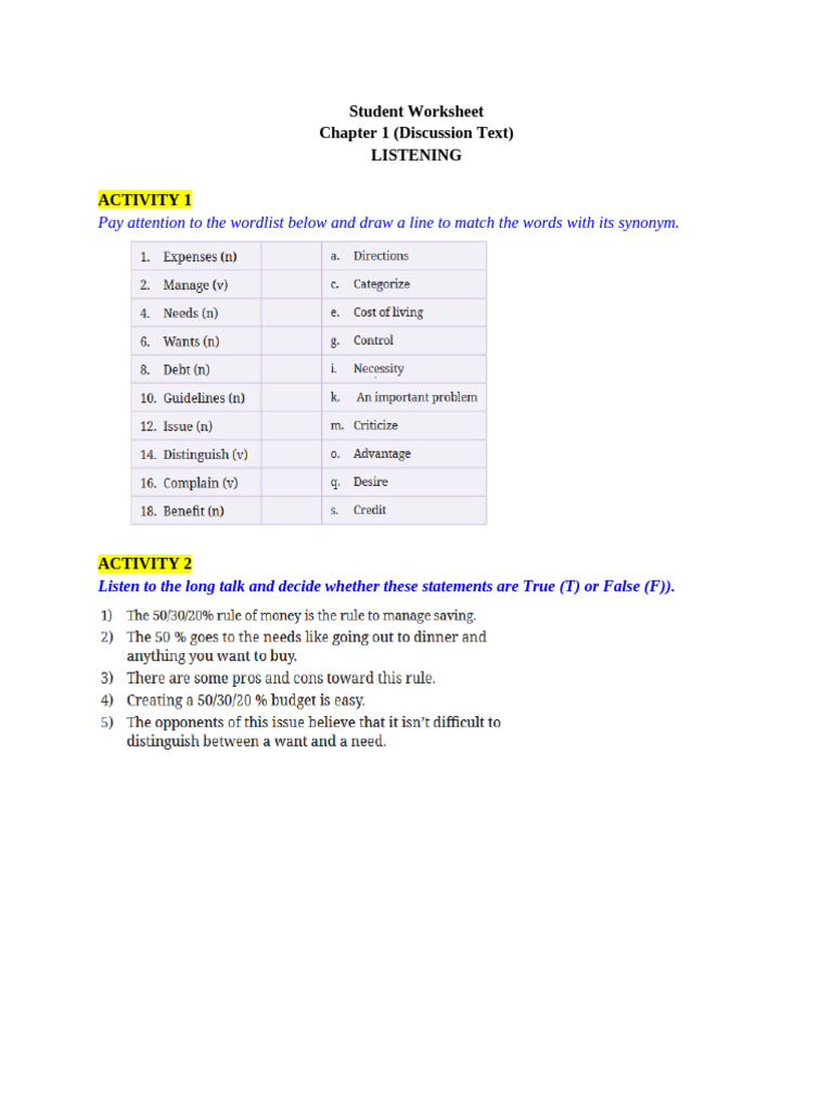 Chapter 1_Listening Worksheet (Discussion Text) | PDF