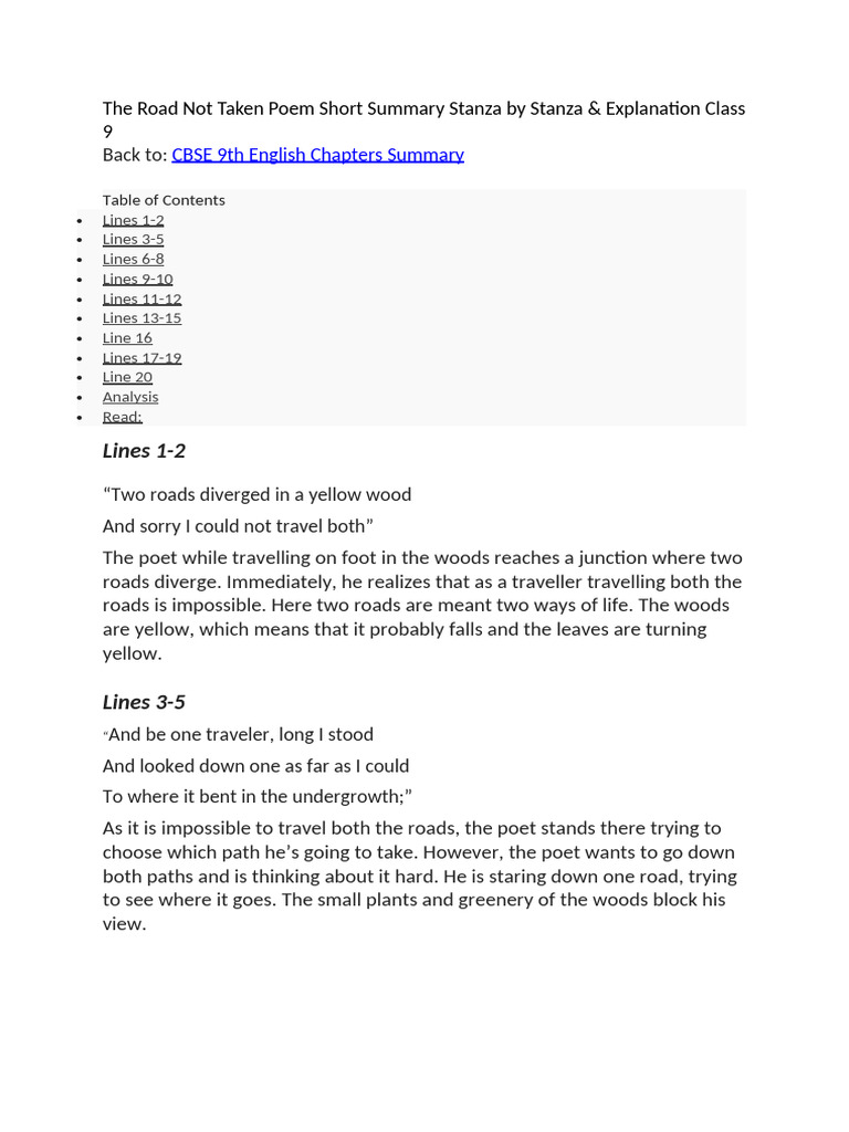 The Road Not Taken Poem Short Summary Stanza by Stanza | PDF | Poetry