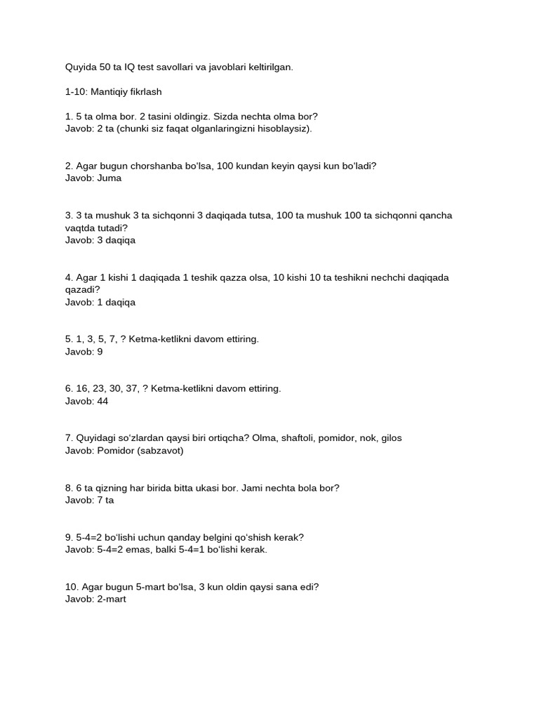 IQ Test 50 Ta | PDF