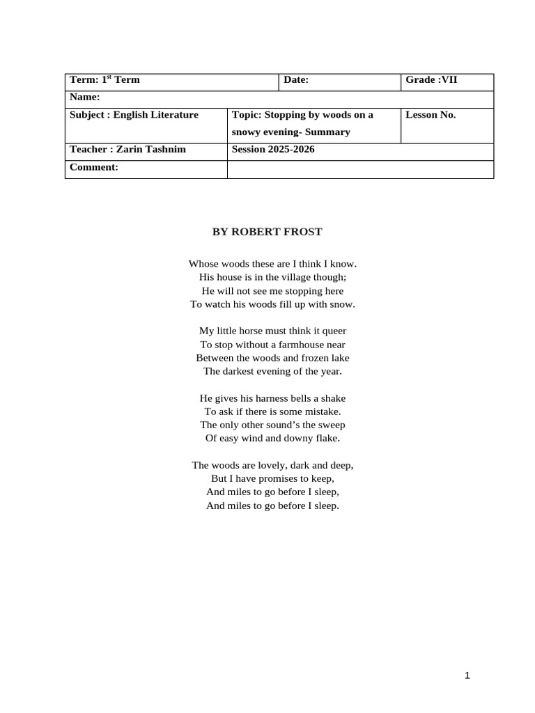 Summary of Frost's "Stopping by Woods" | PDF
