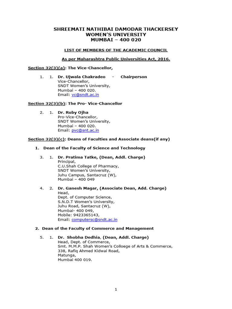 SNDT Women's University Academic Council Members | PDF