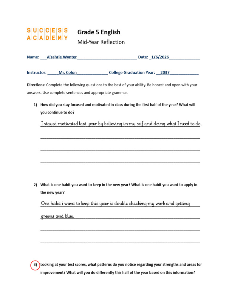 Grade 5 Mid-Year Reflection Guide | PDF