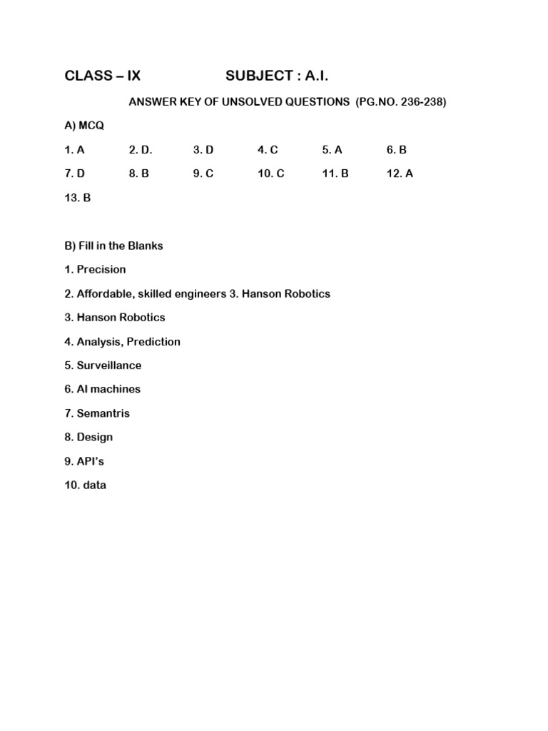 Class IX AI Unit-1 B.ex Ans Key | PDF
