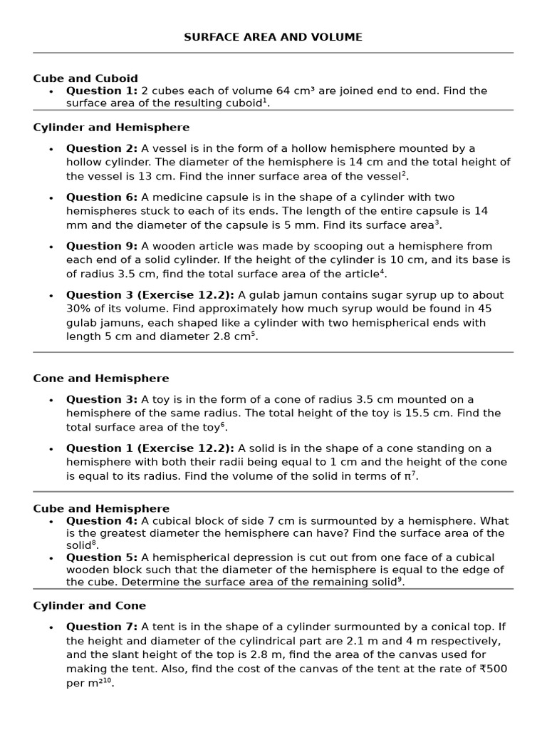 FORMULA WISE QUESTION -SURFACE AREA AND VOLUME | PDF | Sphere | Volume