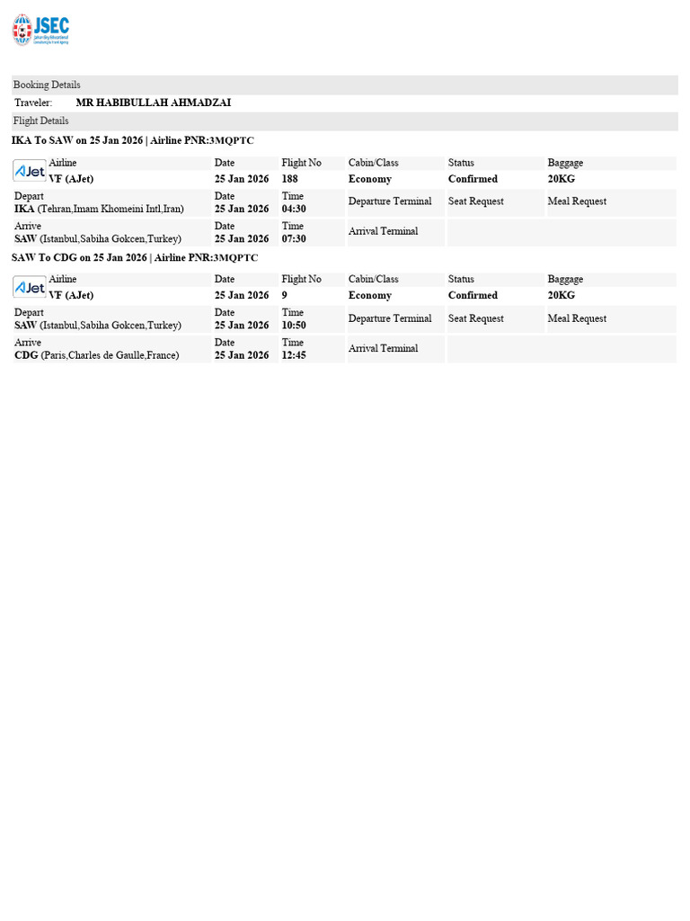 Flight Booking Details for MR AHMADZAI | PDF