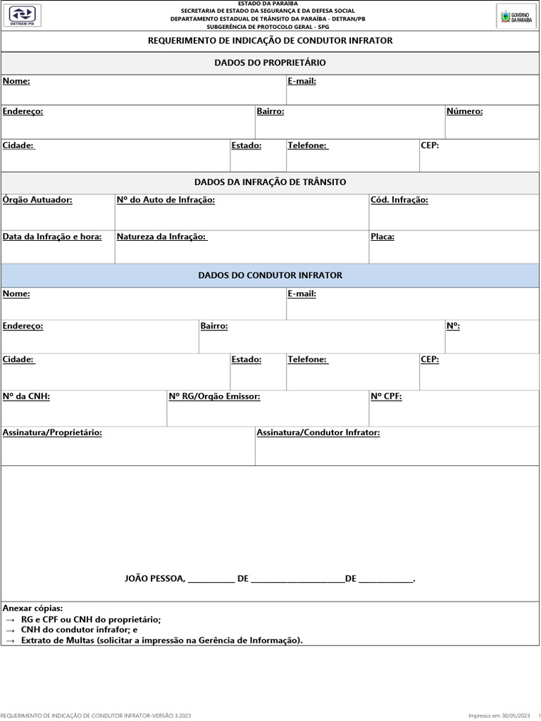 Requerimento Indicação Condutor Infrator PB | PDF