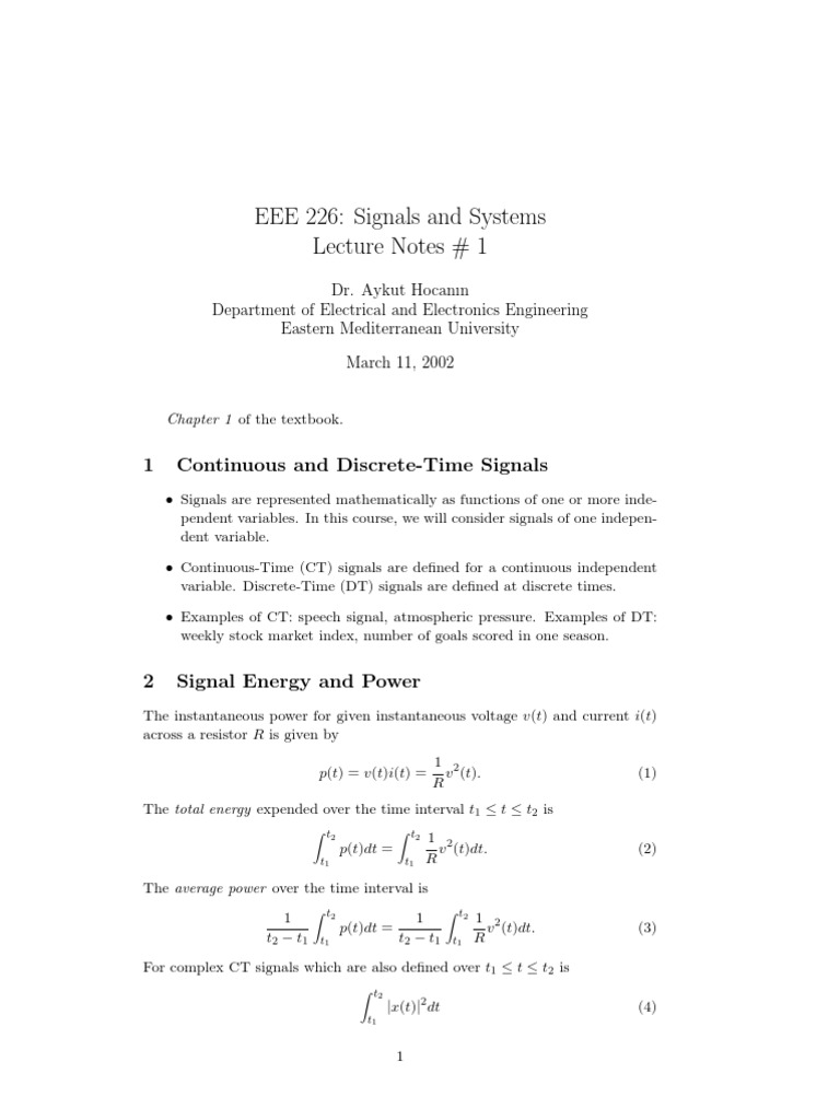 EEE 226: Signals and Systems Lecture Notes # 1 | PDF | Signal ...