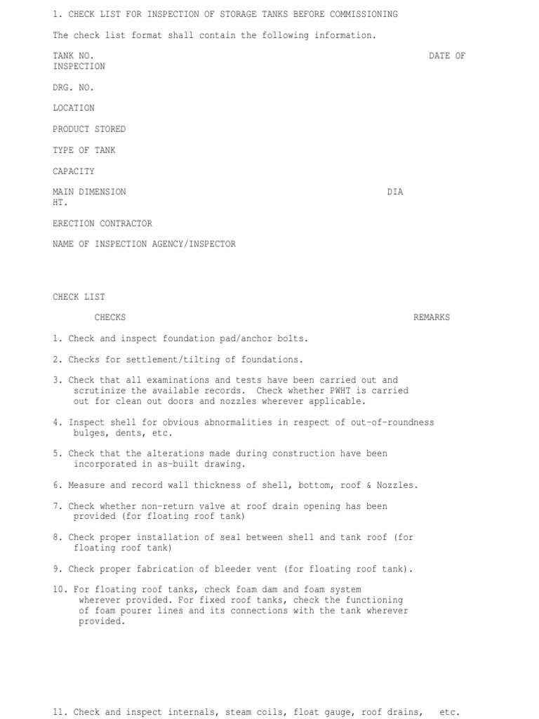 Storage Tank Inspection Check List | PDF