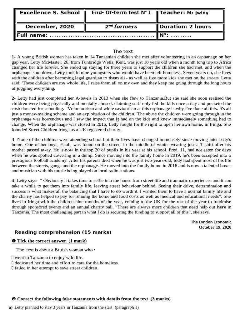 Second Form End of Term Test N1 | PDF | International Labour ...