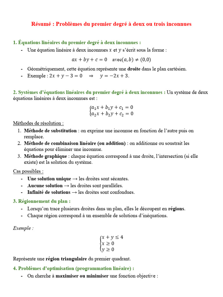 Problèmes d'équations linéaires et optimisation | PDF | Équations ...
