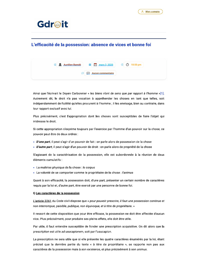 L'Efficacité de La Possession - Absence de Vices Et Bonne Foi - Gdroit ...