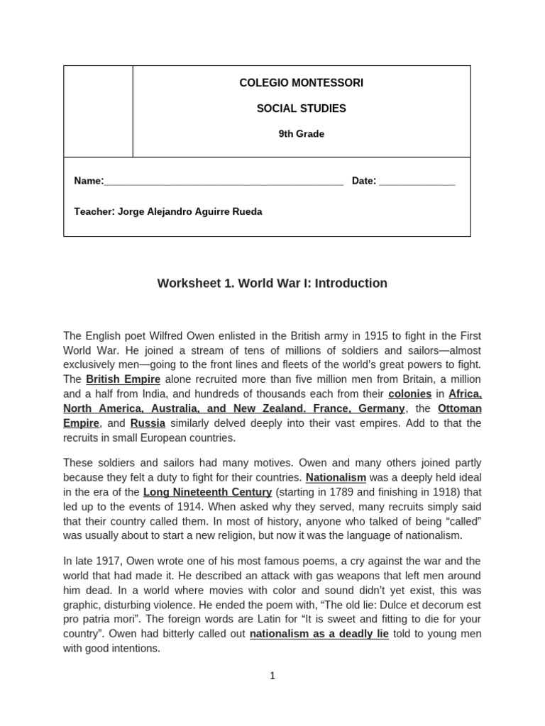9th Grade World War I Overview Worksheet | PDF | World War I | Military