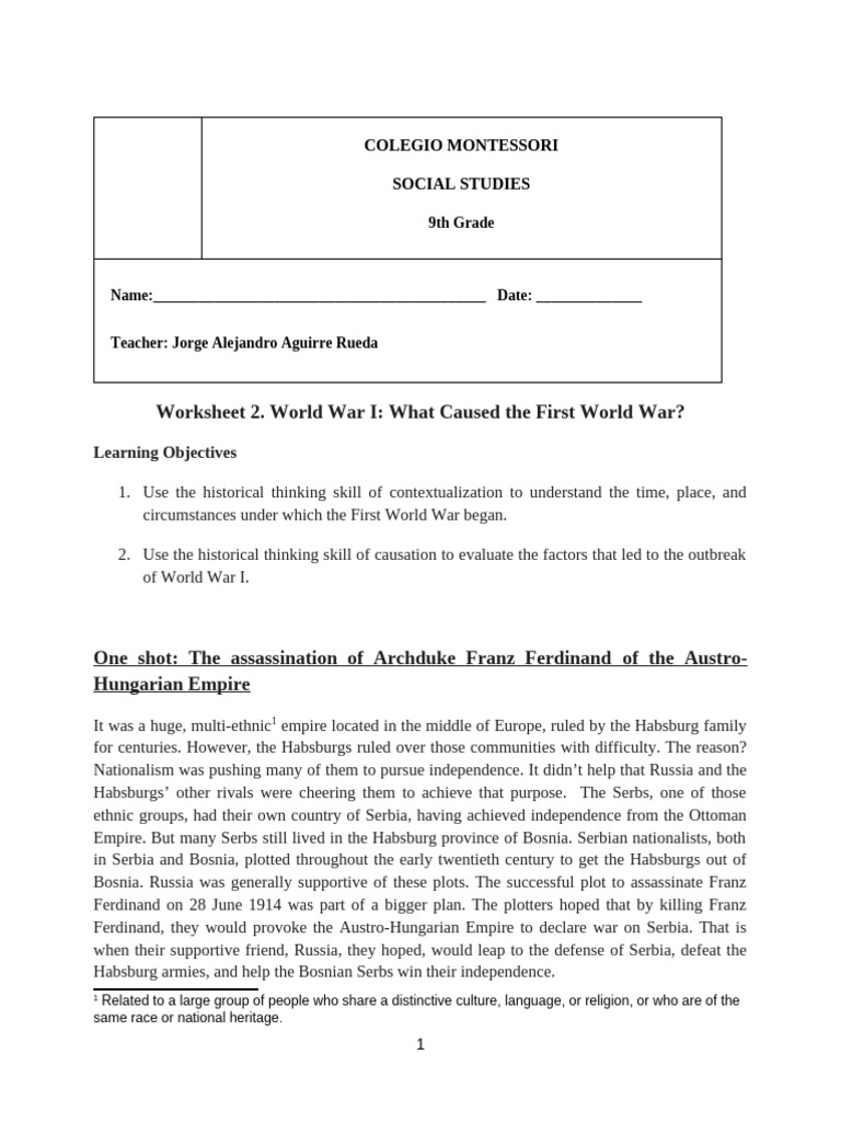 Worksheet 2 - WW1 Causes | PDF | Austria Hungary | Allies Of World War I