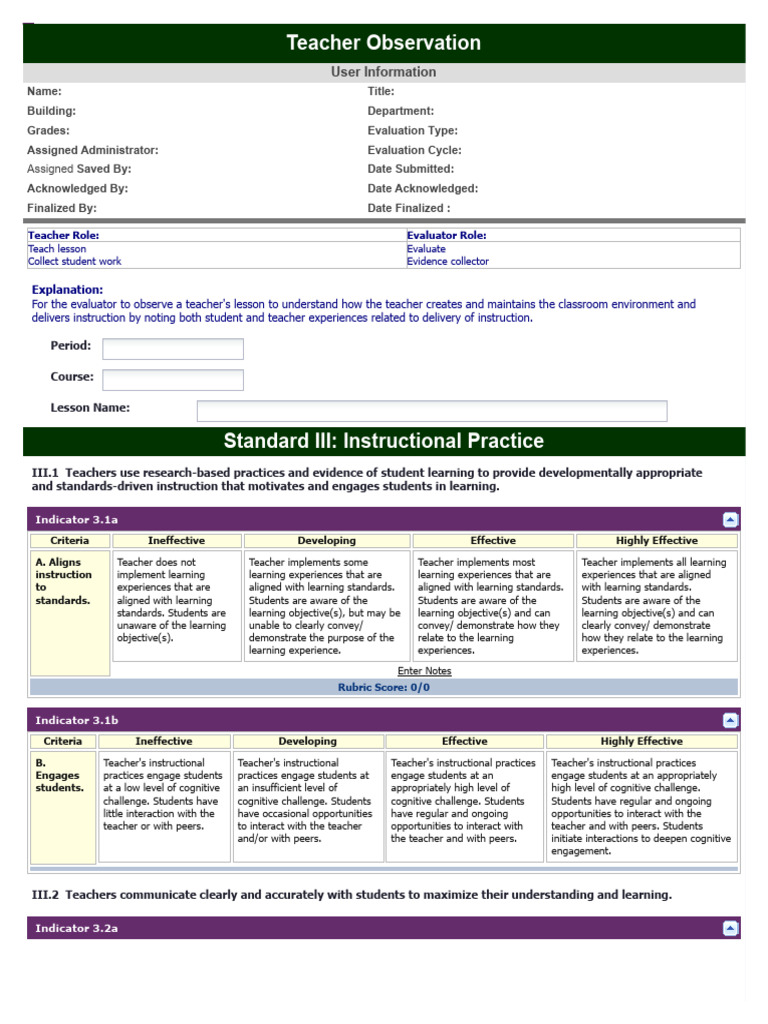 Teacher Observation Evaluation Guide | PDF | Teachers | Learning