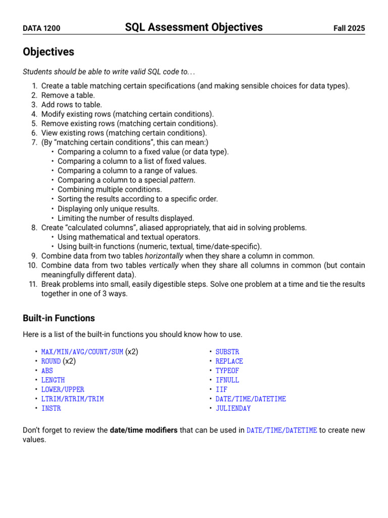 SQL Assessment Objectives for Fall 2025 | PDF | Applied Mathematics ...