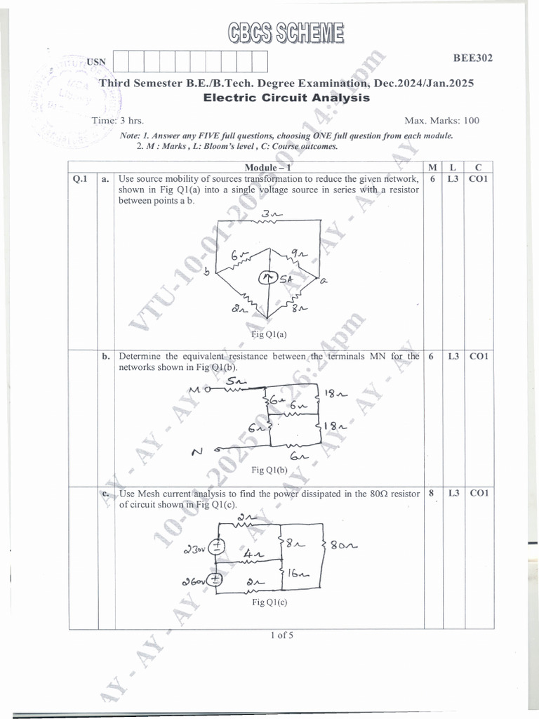 Electric Circuit Analysis Exam Questions | PDF | Electrical Network ...