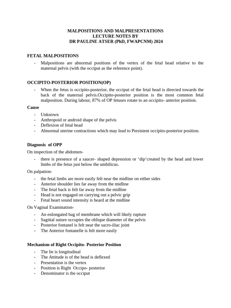 Fetal Malpositions and Malpresentations Guide | PDF | Childbirth | Pelvis