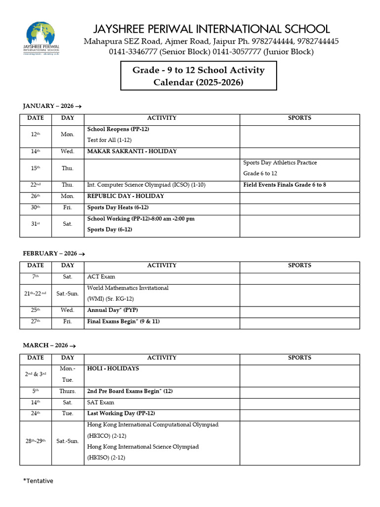 Grade 9 To 12 School Activity Calendar - 16 January - 2026 | PDF