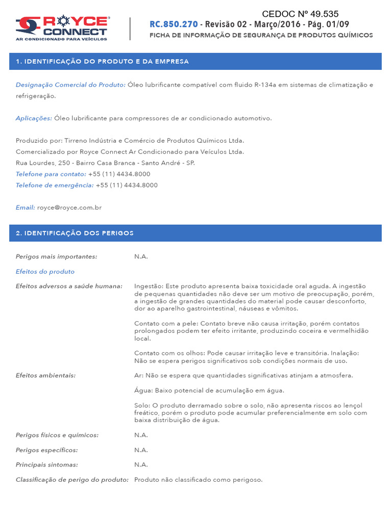 Ficha de Segurança: Óleo Lubrificante R-134a | PDF | Desperdício ...