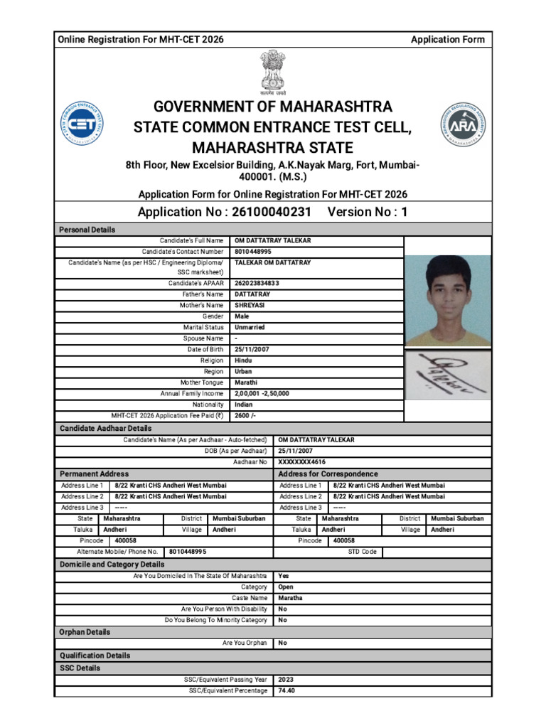 MHT-CET 2026 Online Registration Form | PDF | Mumbai