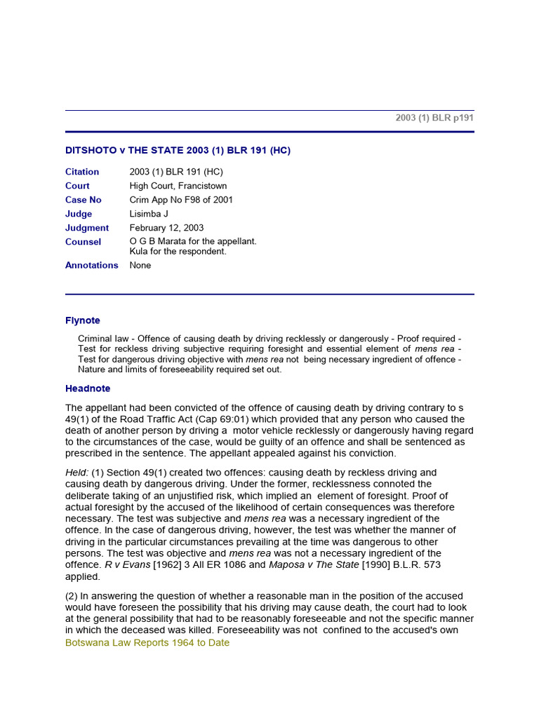Ditshoto v the State | PDF | Causation (Law) | Negligence