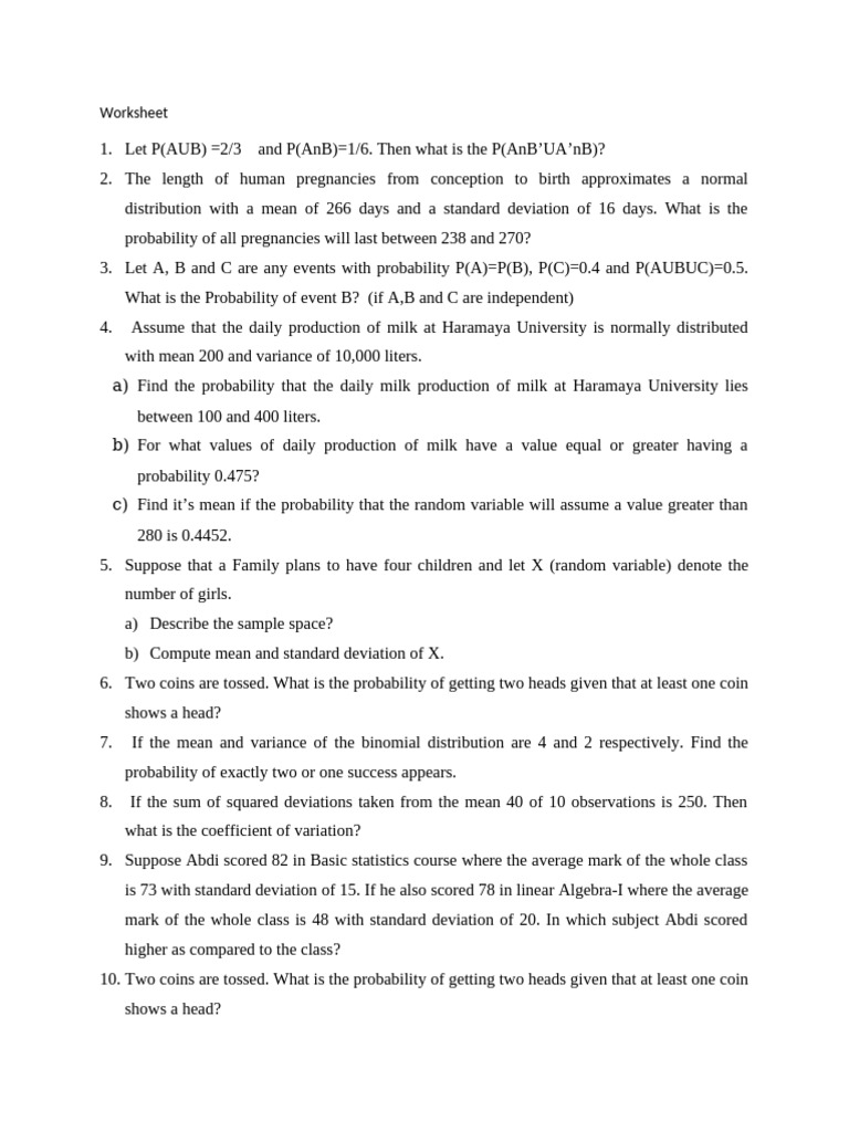 Worksheet | PDF | Variance | Probability Distribution